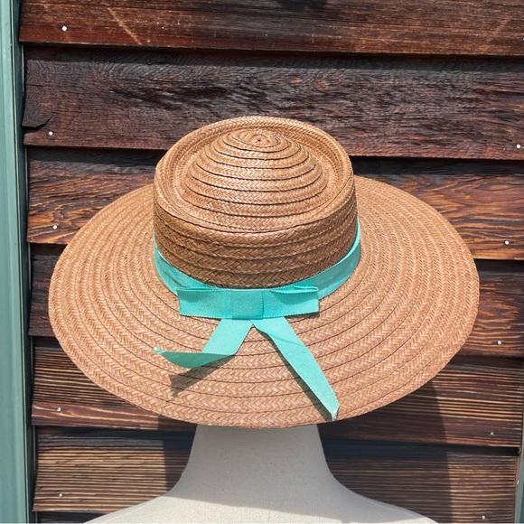 Vintage | Accessories | Antique 90s Straw Thick Blue Ribbon Boater Hat ...